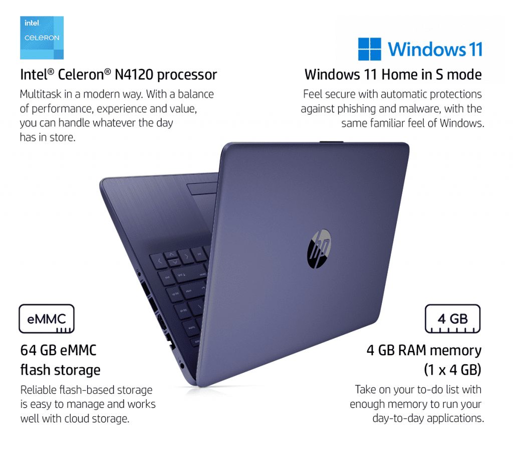 LAPTOP HP INTEL CELERON N4120 4GB RAM 64GB eMMC 14" W11 AZUL ...